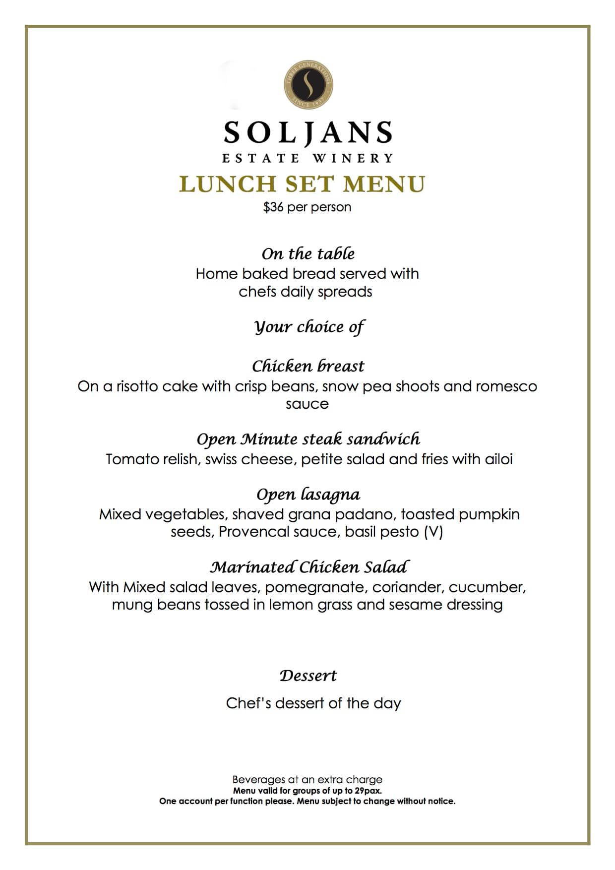Menu at Soljans Estate Winery cafe, Kumeu