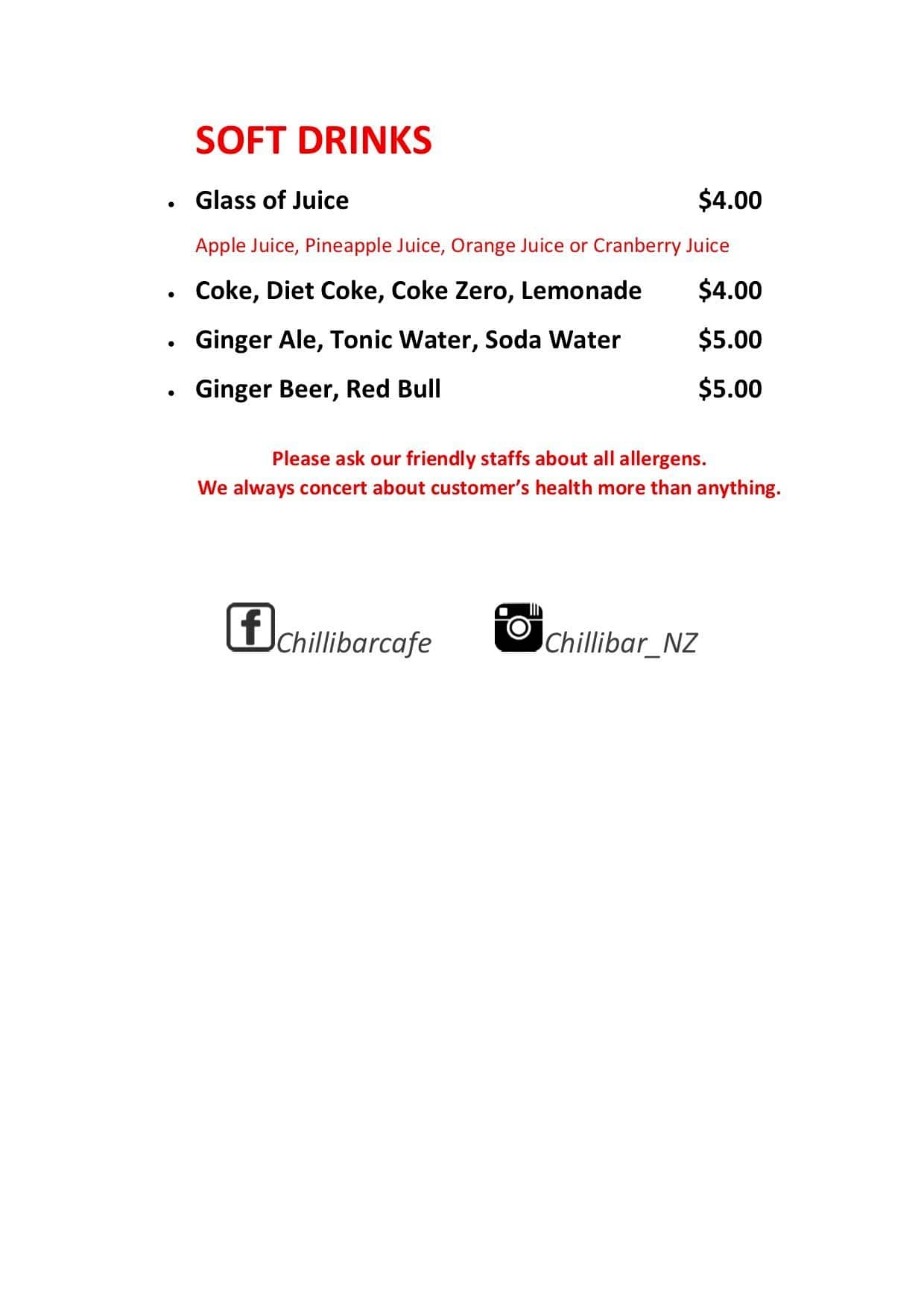 Menu at Chilli Bar & Cafe, Auckland