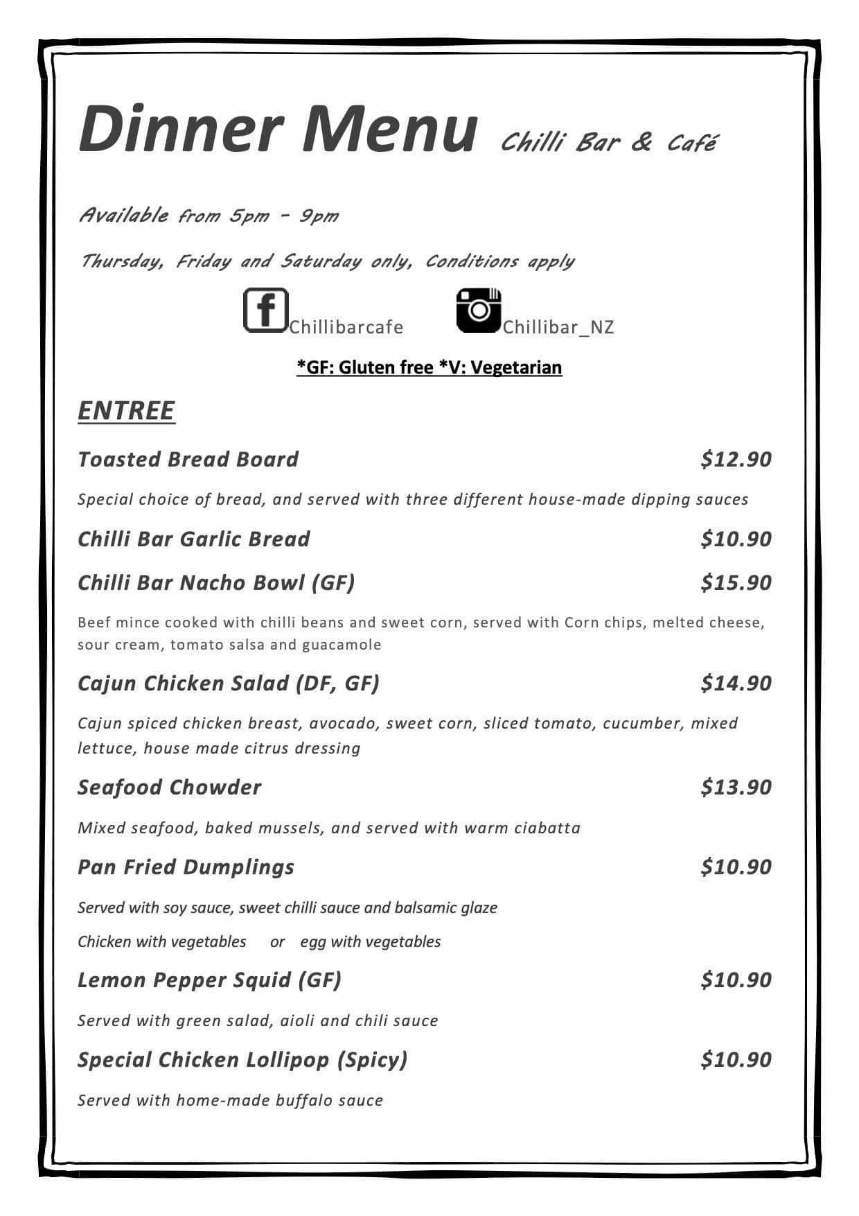 Menu at Chilli Bar & Cafe, Auckland