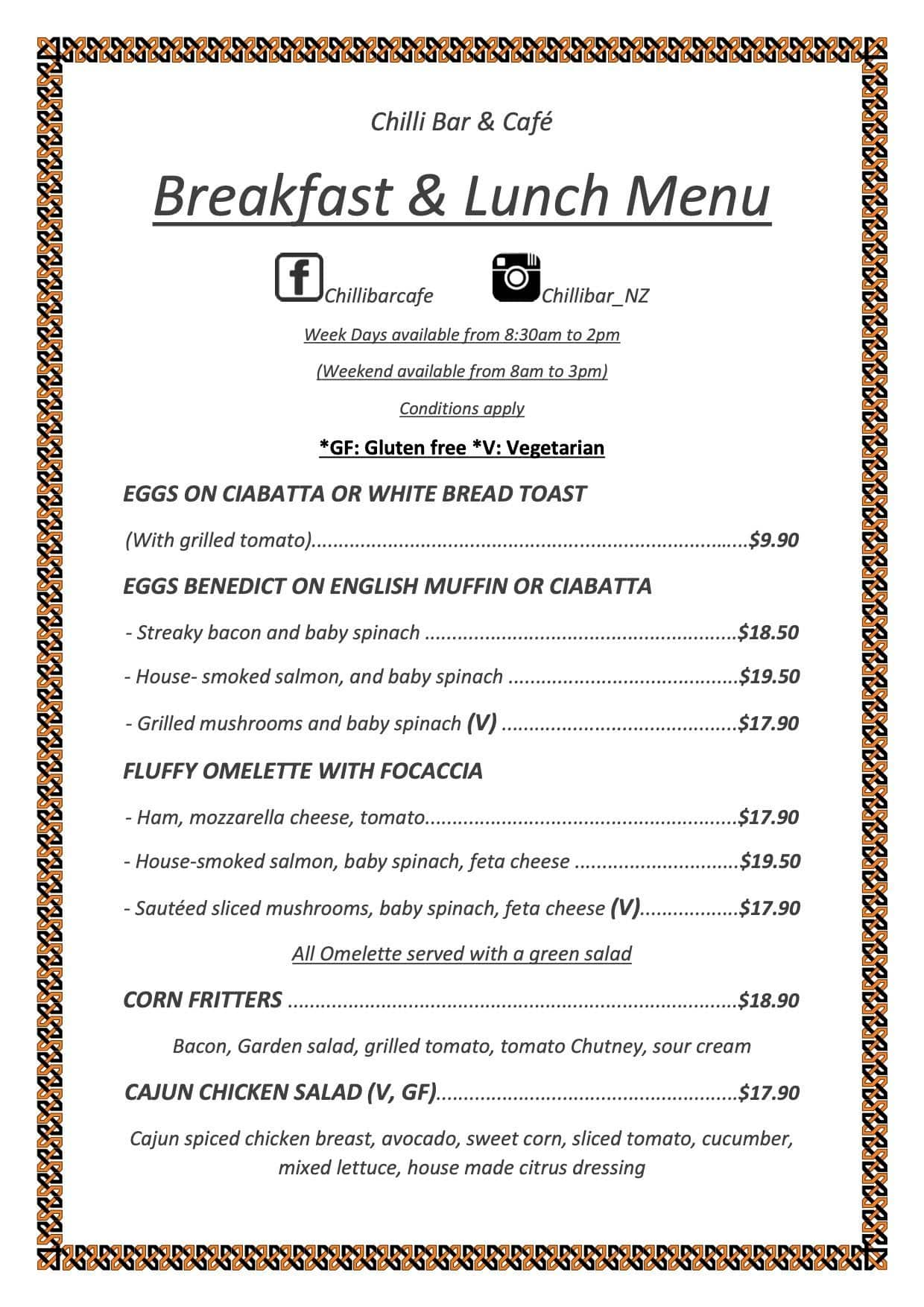 Menu at Chilli Bar & Cafe, Auckland