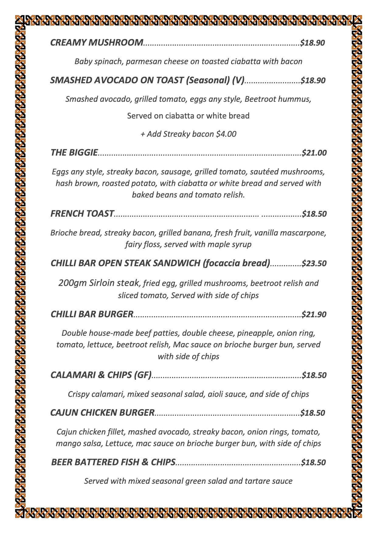 Menu at Chilli Bar & Cafe, Auckland