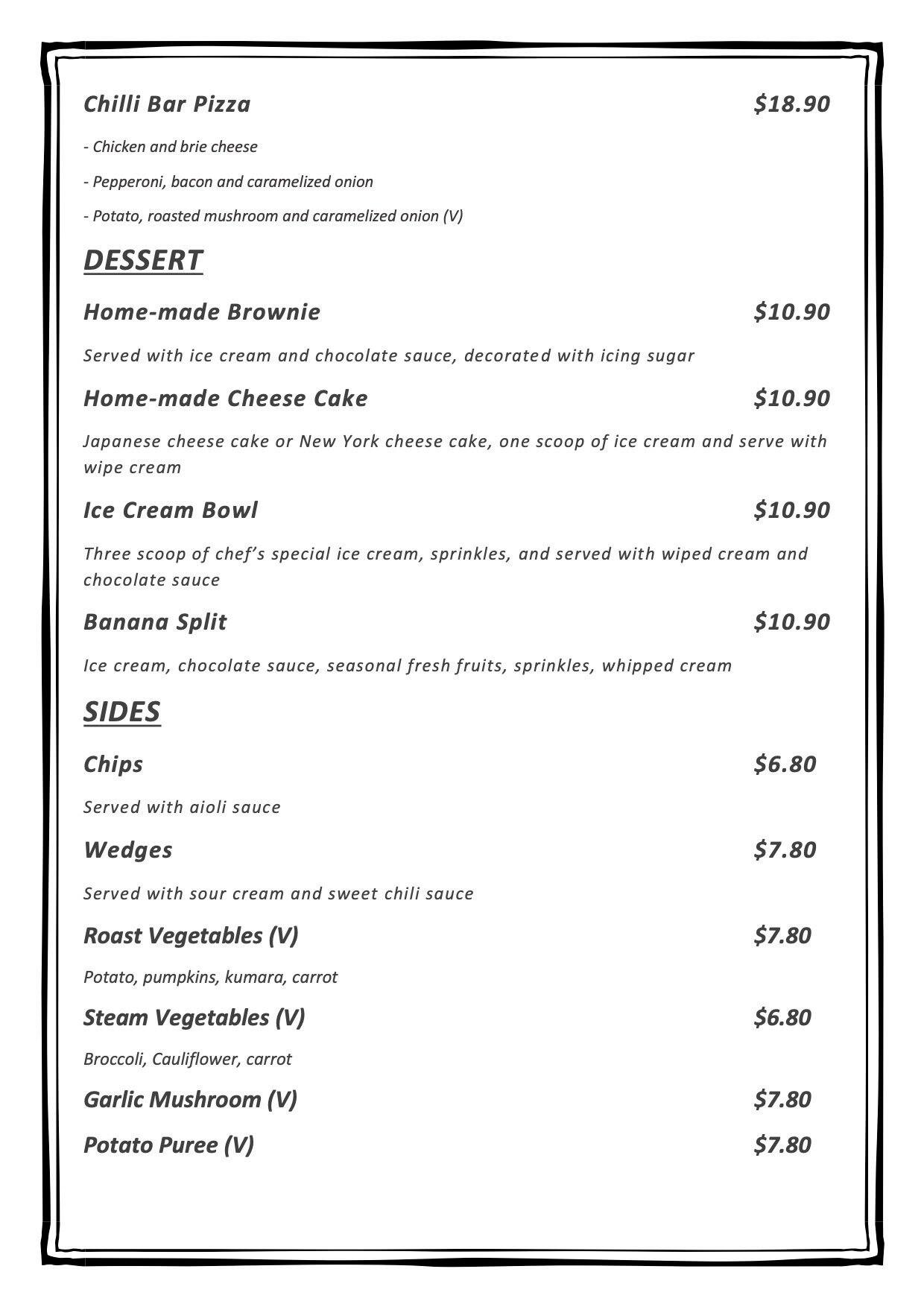 Menu at Chilli Bar & Cafe, Auckland
