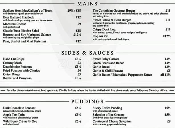 Menu at The Corinthian Club, Glasgow, 191 Ingram St