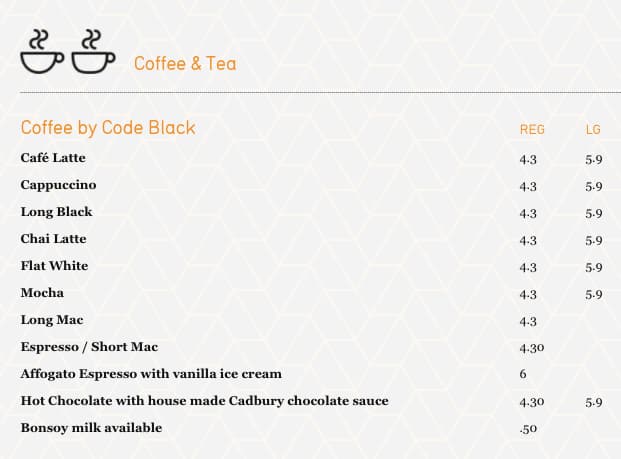 Menu at Time Out Fed Square cafe, Melbourne