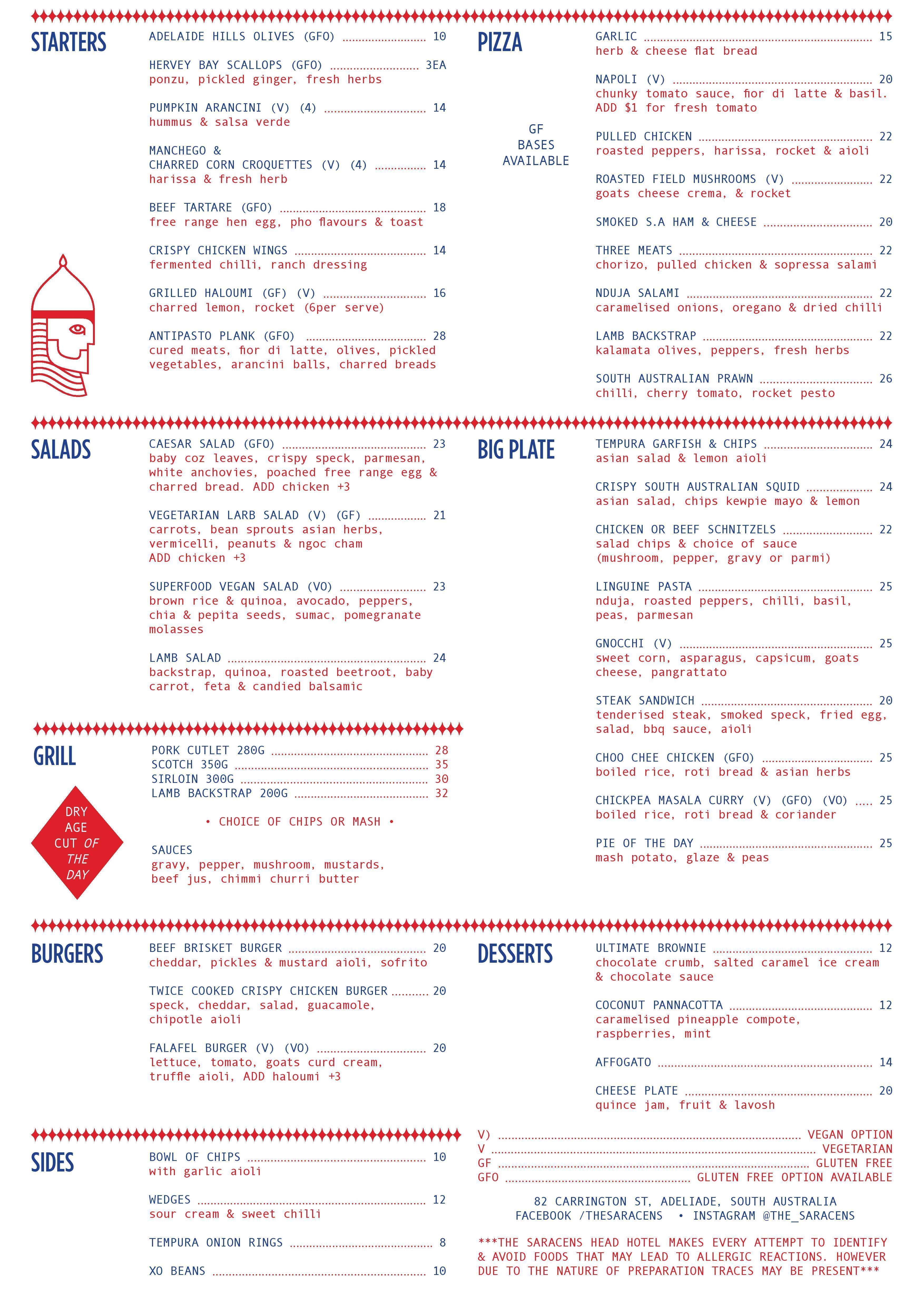 Menu at Saracens Head Hotel restaurant, Adelaide