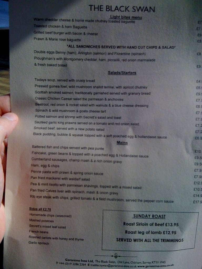 Menu at Black Swan pub & bar, Cobham
