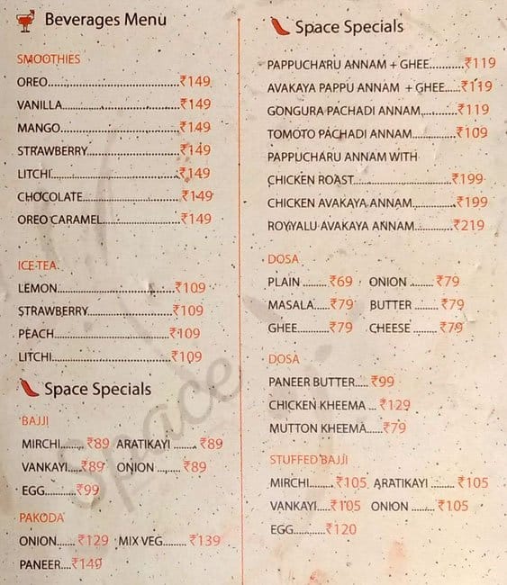 Menu at Space Coffee Lounge, Hyderabad, CCH9+V2C
