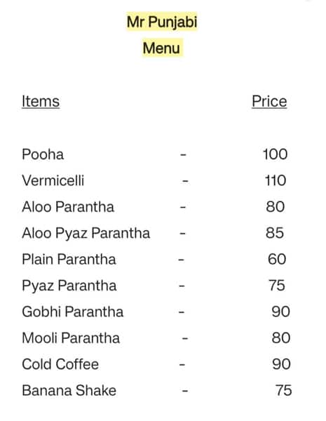 Menu of Mr Punjabi, Ashok Vihar Phase 1, New Delhi