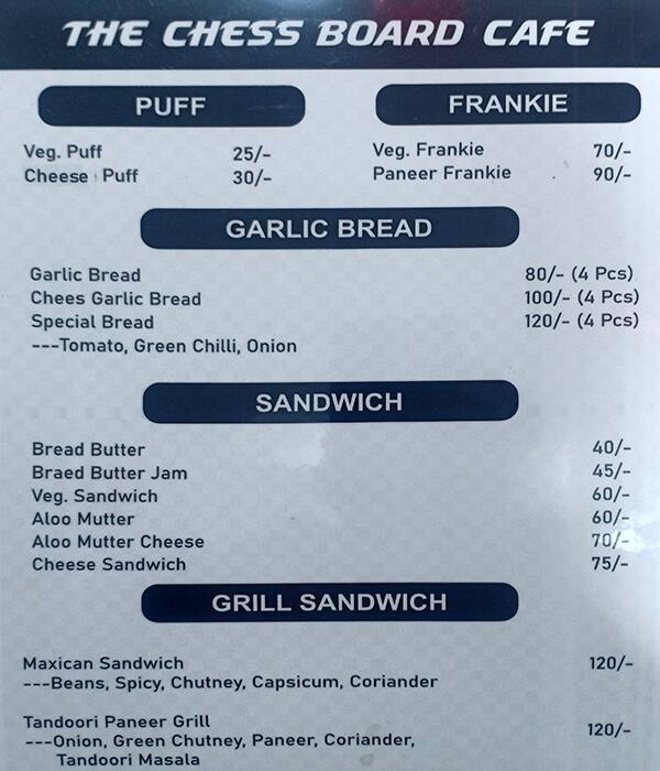 Menu of The Chess Board Cafe, Isanpur, Ahmedabad