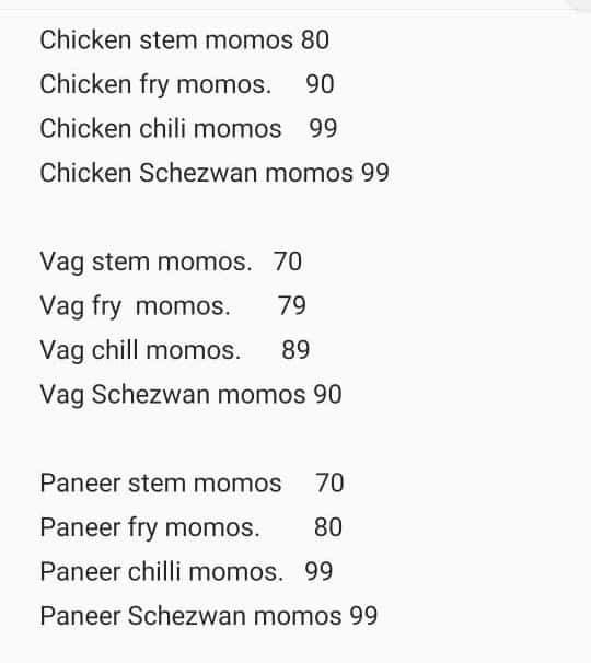 Menu of Sikkim Hot Momos, BTM, Bangalore