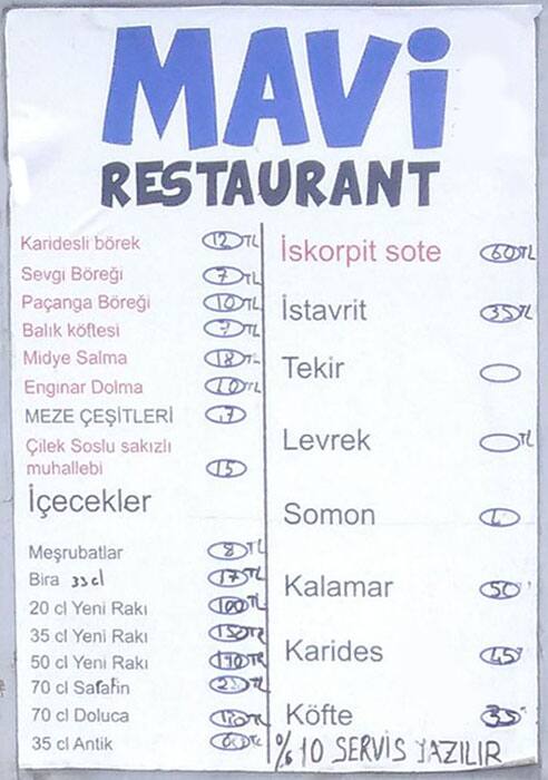 Menu at Mavi Restaurant, Heybeliada Mahallesi, Heybeliada Yalı Cd no 23