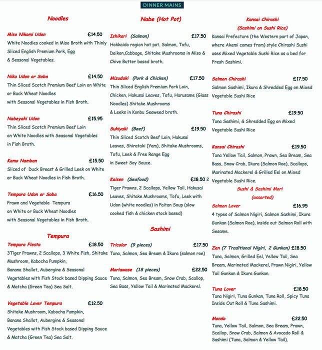 Menu at Zen Mondo restaurant, London