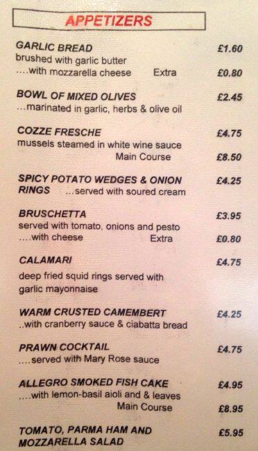Menu at Allegros restaurant, Surbiton