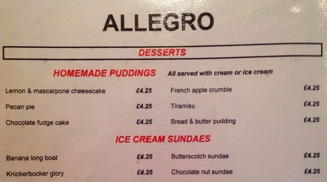 Menu at Allegros restaurant, Surbiton