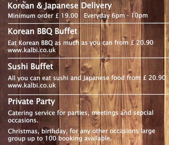 Menu at Kalbi Korean BBQ, London, Rosebery Ave