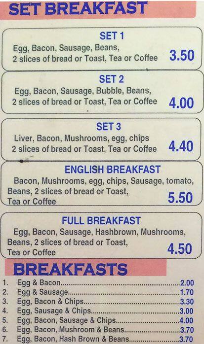 Menu at White Rose cafe, London