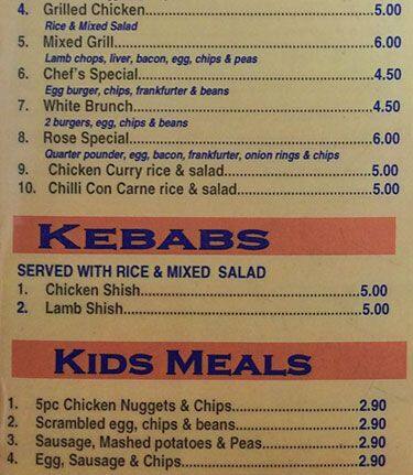 Menu at White Rose cafe, London