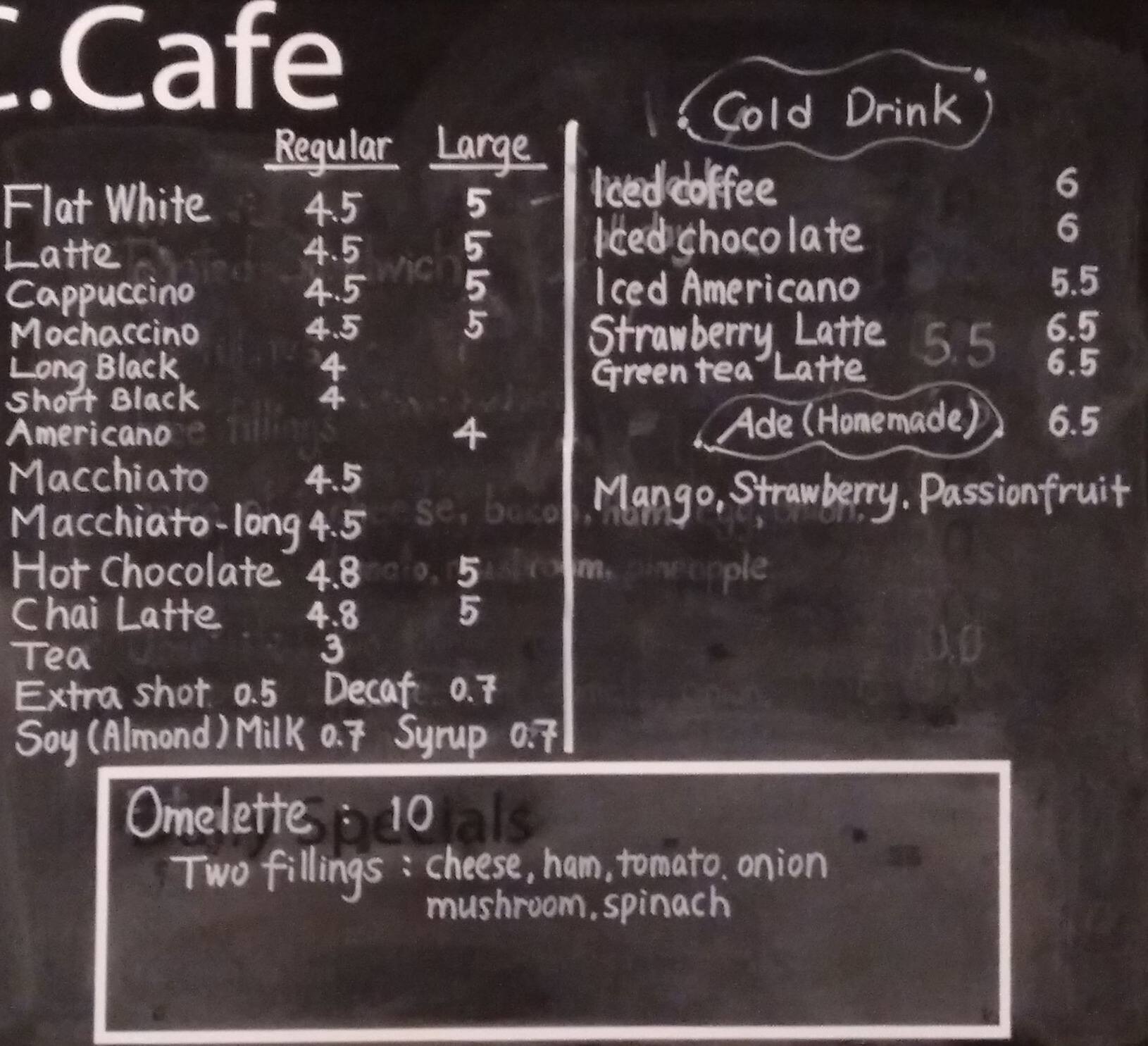 Menu at QC Cafe, Auckland
