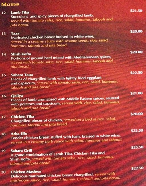Menu at Sahara Cafe, Wellington