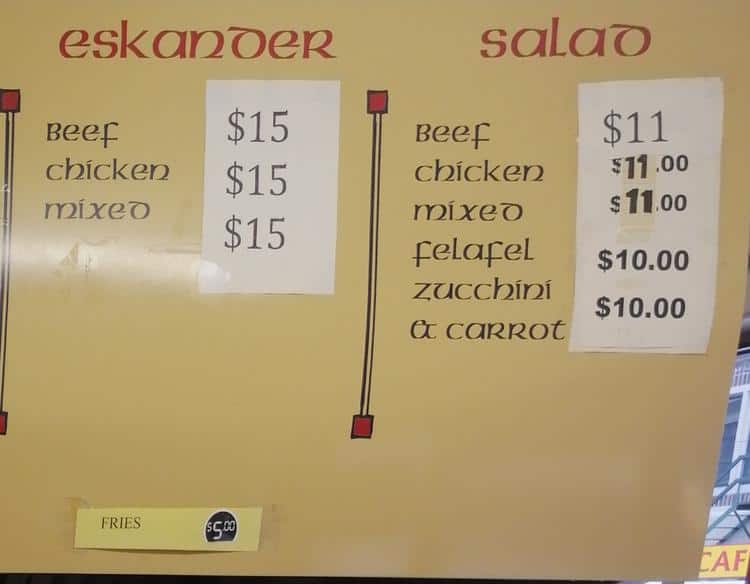 Menu at Sahara Cafe, Wellington