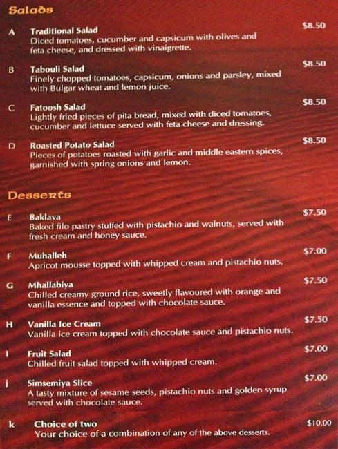Menu at Sahara Cafe, Wellington