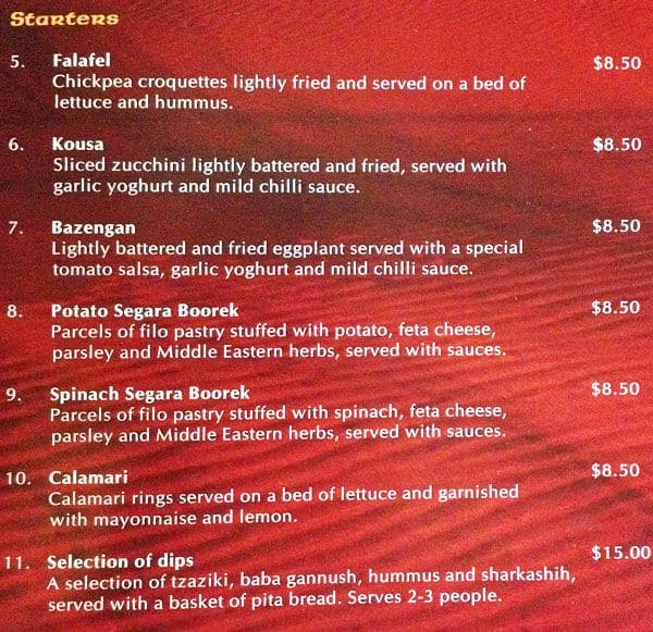 Menu at Sahara Cafe, Wellington