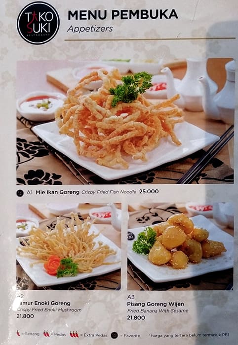 Menu at Tako Suki restaurant, Jakarta, 1