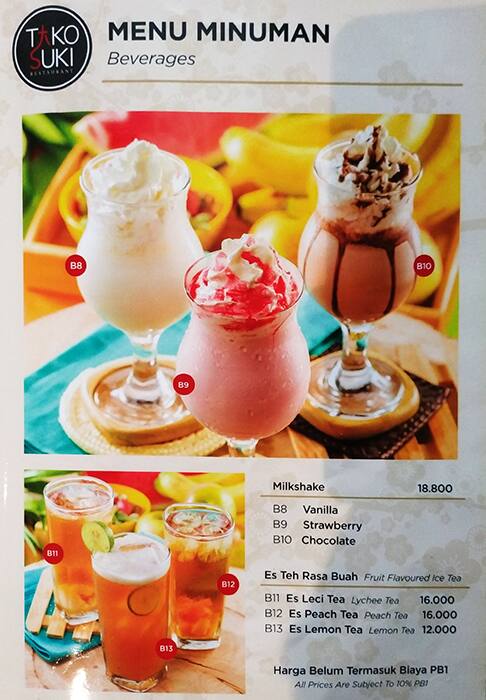 Menu at Tako Suki restaurant, Jakarta, 1