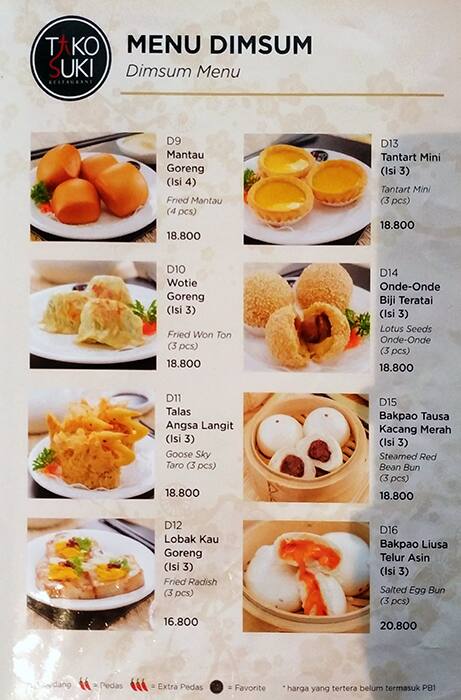 Menu at Tako Suki restaurant, Jakarta, 1