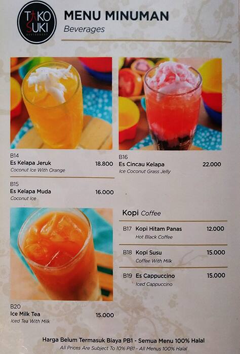 Menu at Tako Suki restaurant, Jakarta, 1