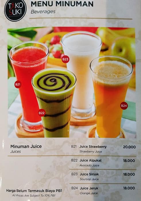 Menu at Tako Suki restaurant, Jakarta, 1