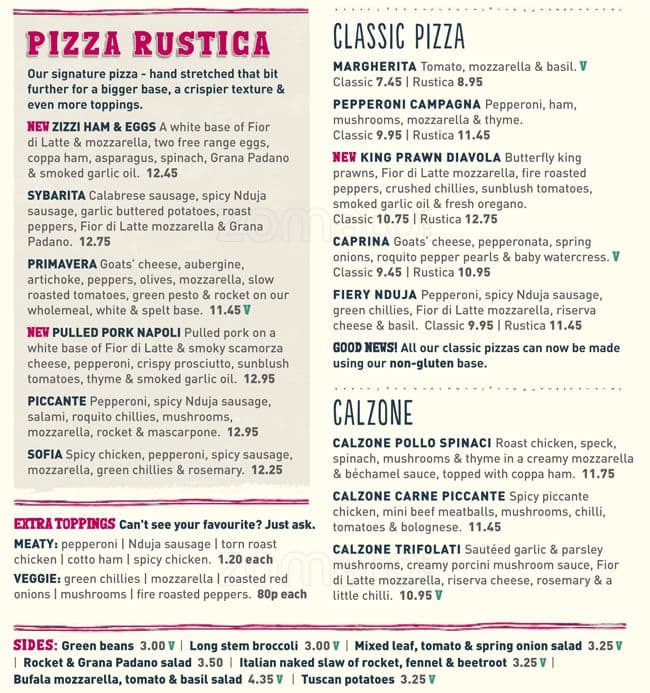 Menu at Zizzi restaurant, Edinburgh, 42 Queensferry St
