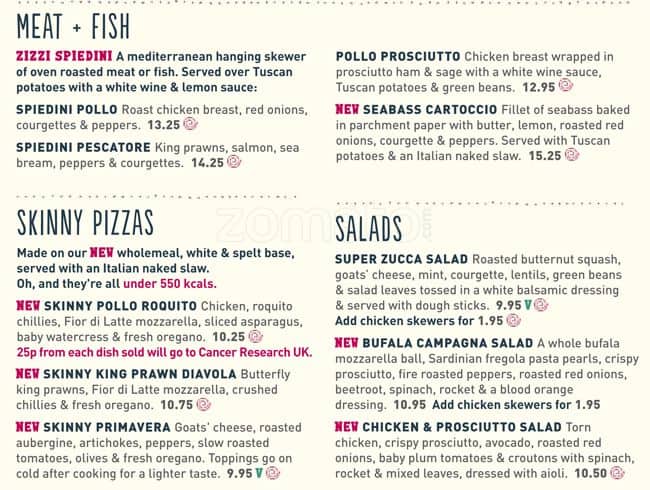 Menu at Zizzi restaurant, Edinburgh, 42 Queensferry St