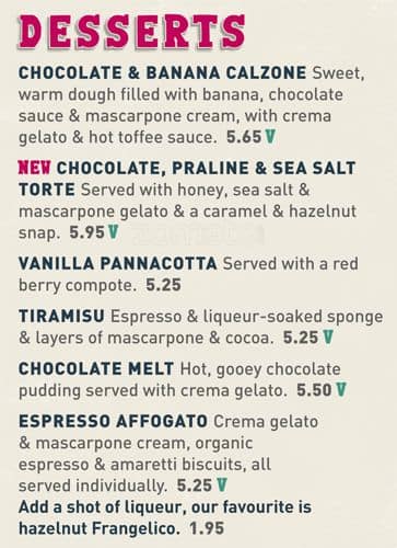 Menu at Zizzi restaurant, Edinburgh, 42 Queensferry St