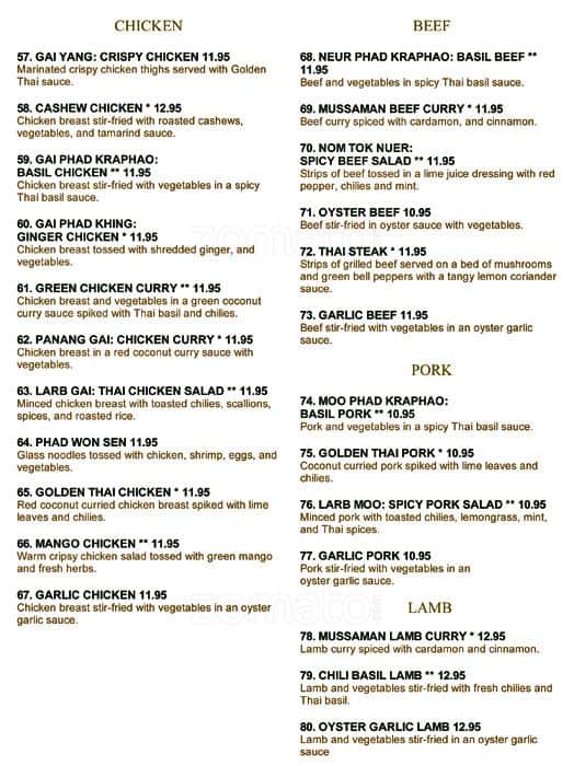 Menu at Golden Thai Restaurant, Toronto