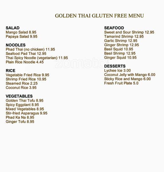 Menu at Golden Thai Restaurant, Toronto