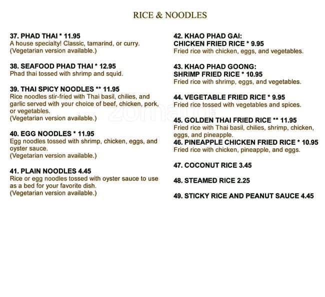 Menu at Golden Thai Restaurant, Toronto