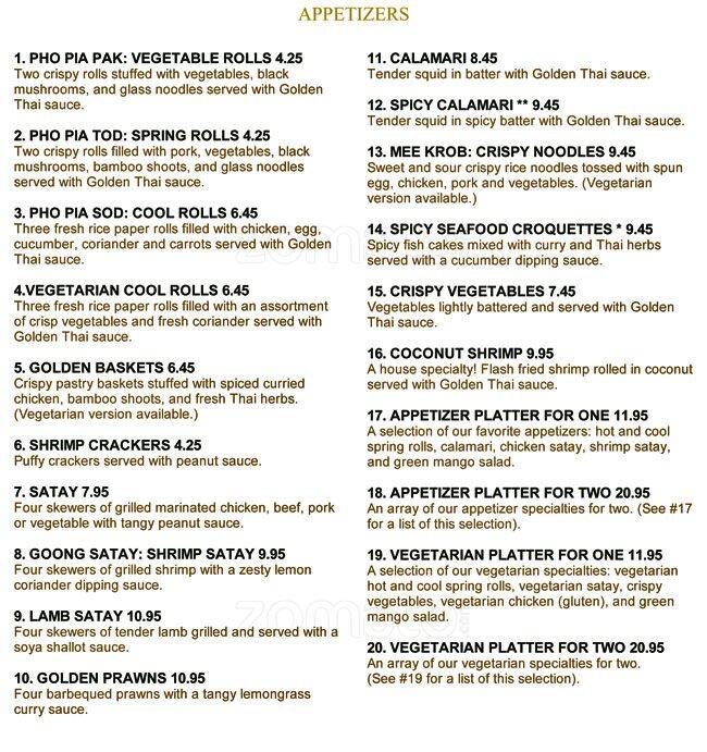 Menu at Golden Thai Restaurant, Toronto