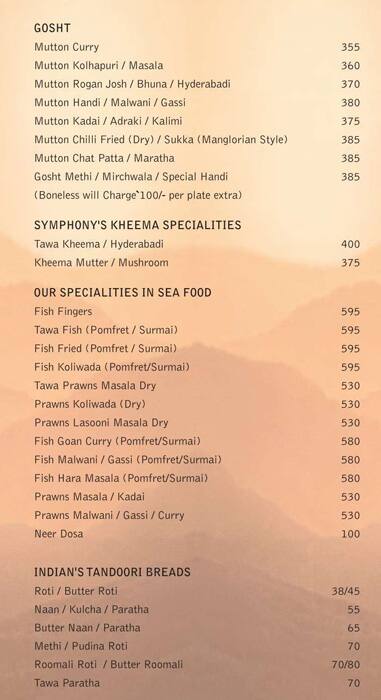 Menu at Symphony, Pune, Visnupantha Kushaba Bhosale Road