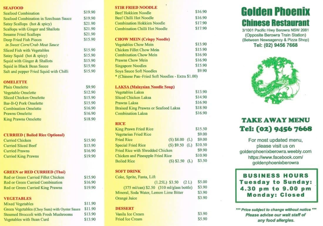Menu at Golden Phoenix Chinese Restaurant, Berowra
