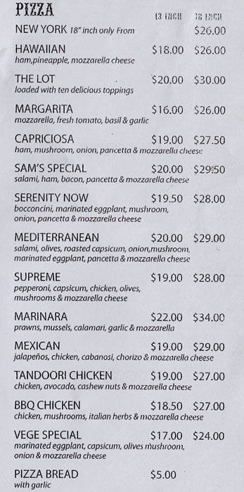 Menu at Pizanos Italiano restaurant, Wellington Point