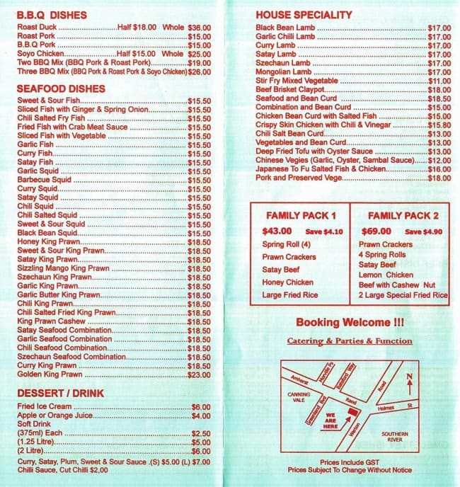 Menu at Vale Chinese Restaurant, Canning Vale