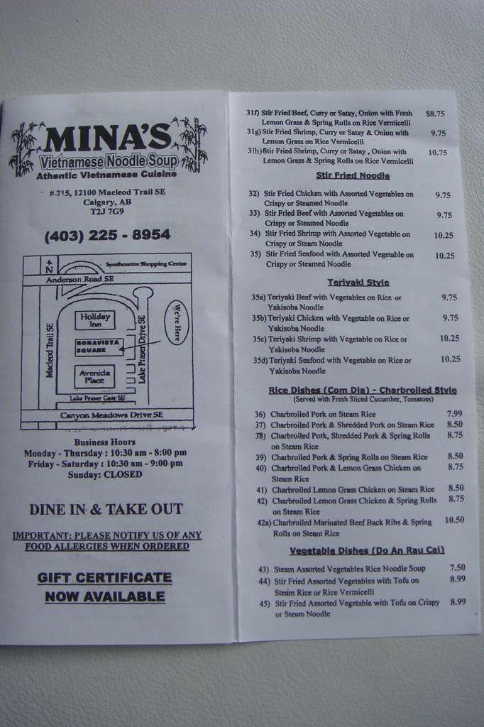 Menu at Mina's Vietnamese Noodle Soup Restaurant, Calgary