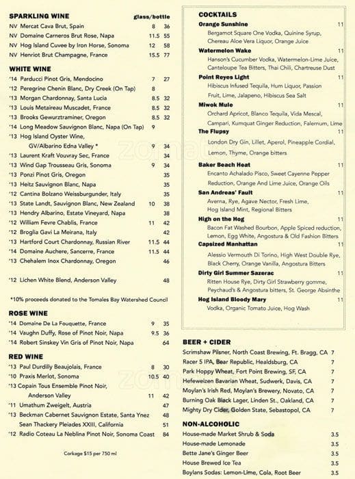 Menu at Hog Island Oyster Co. restaurant, San Francisco