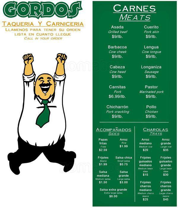 Menu at Gordos restaurant, Birmingham