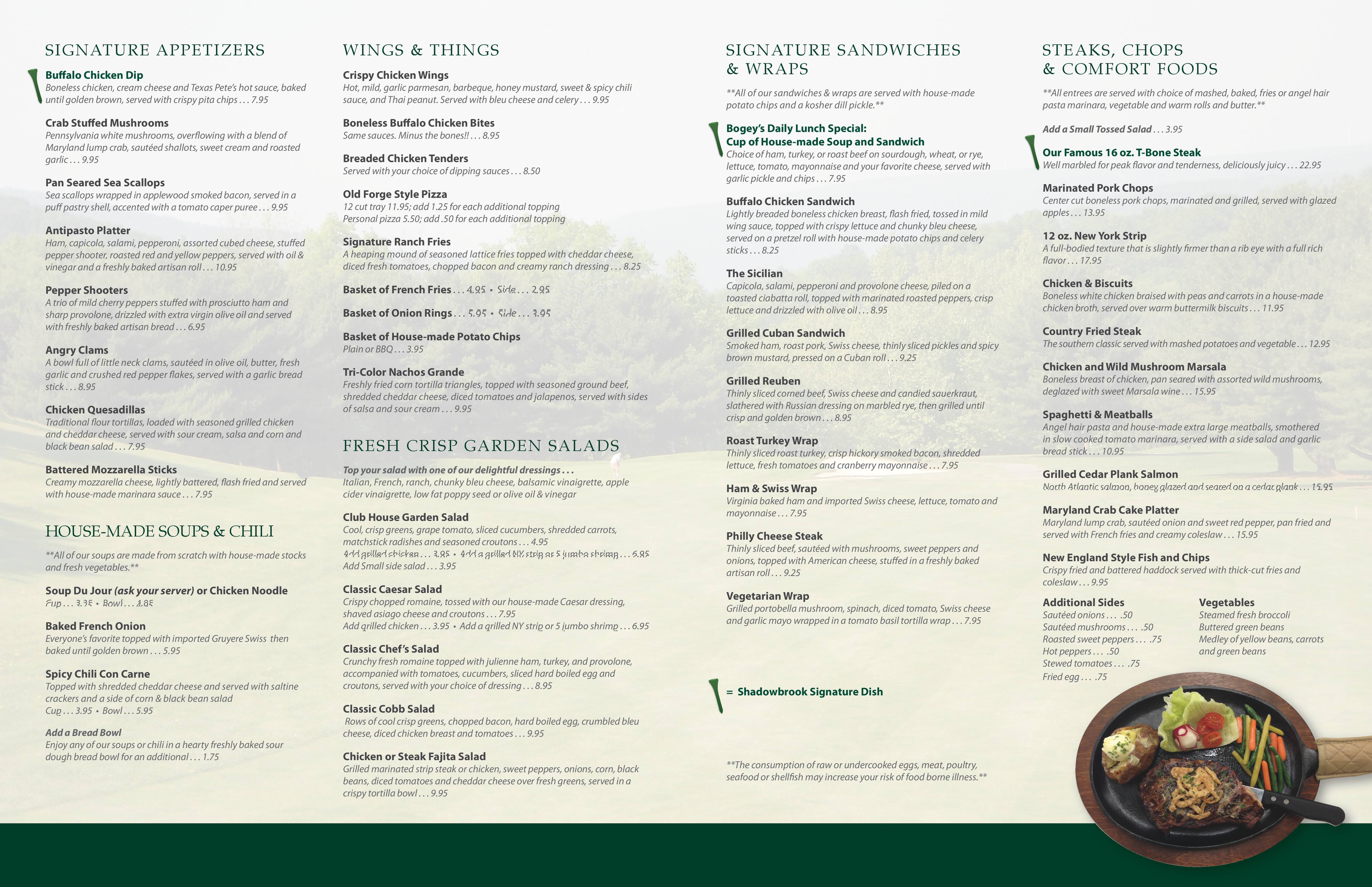Menu at Shadowbrook Golf Course restaurant, Tunkhannock