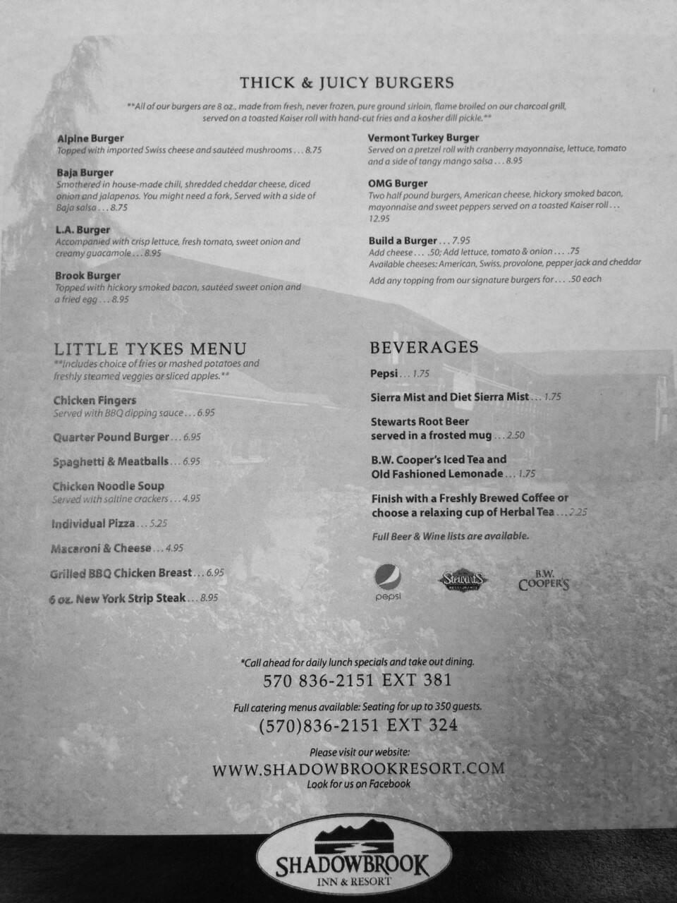 Menu at Shadowbrook Golf Course restaurant, Tunkhannock