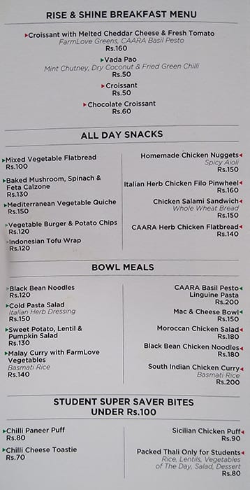 Menu of Caara Cafe, Janpath, New Delhi