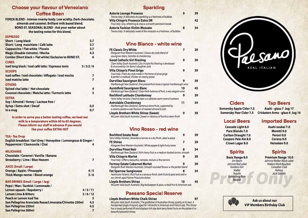 Menu at Paesano restaurant, Hampton Park, 42/166 Somerville Rd