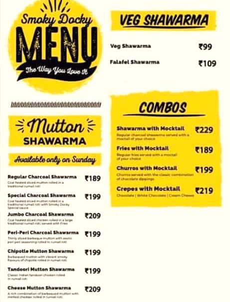 Menu of Smoky Docky, Gachibowli, Hyderabad